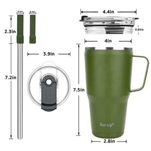 Sursip 30 oz Mug Tumbler with Screw Lid - Stainless Steel Vacuum Insulated Cup with Straw and Handle, Keeps Drinks Cold up to 24 Hours - Leak Proof, Dishwasher Safe, Fit Car Cup Holder (Olive Green)