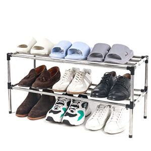 Anmerl 2 Tier Shoe Rack Stackable Shoe Storage Organizer for Closet Entryway Bedroom, 31.5 Inch Wide Stainless Steel Pipes Free Standing Shoe Storage Shelf (Sliver)