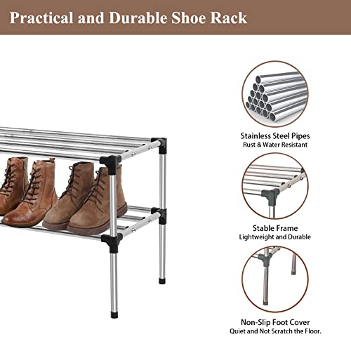 Anmerl 2 Tier Shoe Rack Stackable Shoe Storage Organizer for Closet Entryway Bedroom, 31.5 Inch Wide Stainless Steel Pipes Free Standing Shoe Storage Shelf (Sliver)