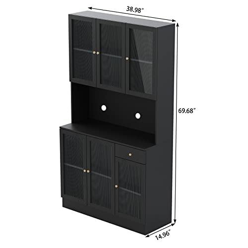 69'' Kitchen Pantry Storage Cabinet, Freestanding Pantry Cabinet with Cupboard and Microwave Stand, Black Buffet Cabinet with 6-Doors and Drawer, Modern Cupboard Hutch for Home Kitchen (Black)