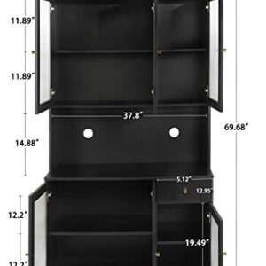 69'' Kitchen Pantry Storage Cabinet, Freestanding Pantry Cabinet with Cupboard and Microwave Stand, Black Buffet Cabinet with 6-Doors and Drawer, Modern Cupboard Hutch for Home Kitchen (Black)