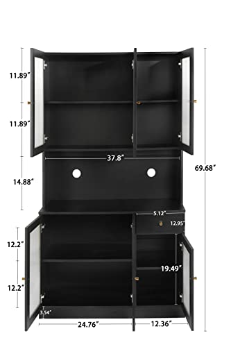 69'' Kitchen Pantry Storage Cabinet, Freestanding Pantry Cabinet with Cupboard and Microwave Stand, Black Buffet Cabinet with 6-Doors and Drawer, Modern Cupboard Hutch for Home Kitchen (Black)