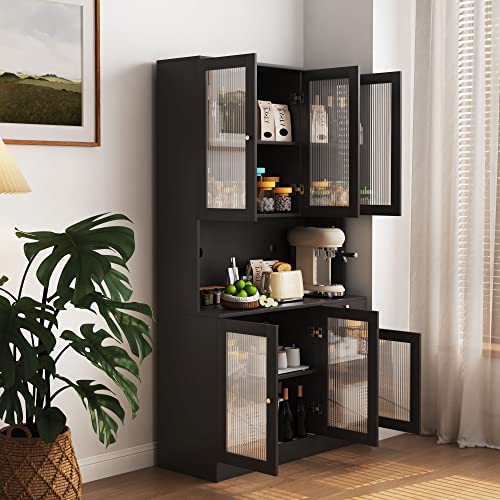 69'' Kitchen Pantry Storage Cabinet, Freestanding Pantry Cabinet with Cupboard and Microwave Stand, Black Buffet Cabinet with 6-Doors and Drawer, Modern Cupboard Hutch for Home Kitchen (Black)