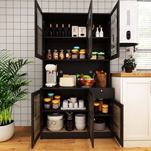 69'' Kitchen Pantry Storage Cabinet, Freestanding Pantry Cabinet with Cupboard and Microwave Stand, Black Buffet Cabinet with 6-Doors and Drawer, Modern Cupboard Hutch for Home Kitchen (Black)