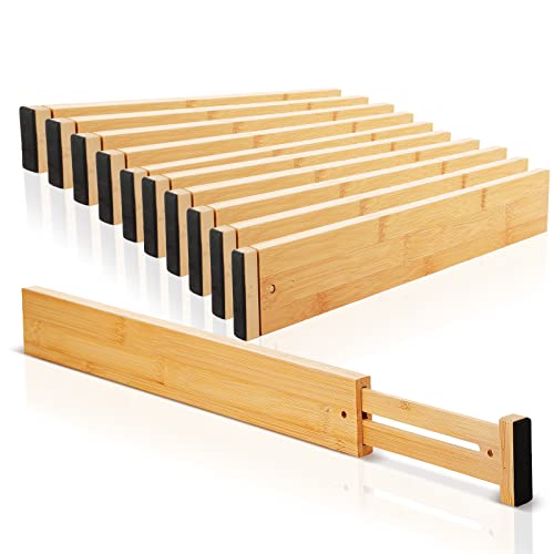 Sawysine 12 Pieces Bamboo Drawer Dividers Adjustable Drawer Organizers 2.4" High 17"-22" Spring Separators Organization Expandable Organizers for Kitchen Bedroom Bathroom Dresser Office