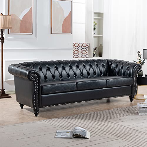 Faux Leather Couch， Modern Chesterfield Sofa Couch, Large 3 seat Couch, Sofas for Living Room, Apartment and Office Couch.(Black Sofa)