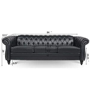 Faux Leather Couch， Modern Chesterfield Sofa Couch, Large 3 seat Couch, Sofas for Living Room, Apartment and Office Couch.(Black Sofa)