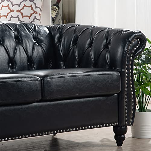 Faux Leather Couch， Modern Chesterfield Sofa Couch, Large 3 seat Couch, Sofas for Living Room, Apartment and Office Couch.(Black Sofa)