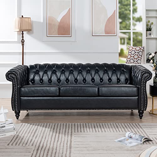 Faux Leather Couch， Modern Chesterfield Sofa Couch, Large 3 seat Couch, Sofas for Living Room, Apartment and Office Couch.(Black Sofa)