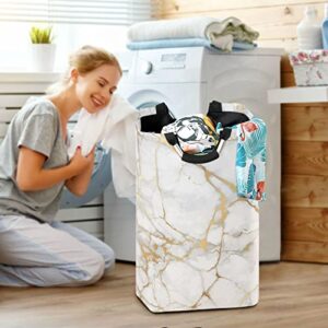 Kigai White Gold Marble Texture Laundry Basket Large Collapsible Waterproof Laundry Hamper with Handles Portable Storage Basket Dirty Clothes Toys Organizer for College Dorms, Nursery, Bathroom