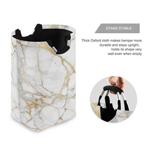 Kigai White Gold Marble Texture Laundry Basket Large Collapsible Waterproof Laundry Hamper with Handles Portable Storage Basket Dirty Clothes Toys Organizer for College Dorms, Nursery, Bathroom