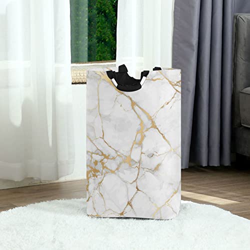 Kigai White Gold Marble Texture Laundry Basket Large Collapsible Waterproof Laundry Hamper with Handles Portable Storage Basket Dirty Clothes Toys Organizer for College Dorms, Nursery, Bathroom