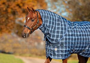 horseware ireland rhino stable blanket hood (150g medium-lite), size: x-large, color: navy check (indigo trim)