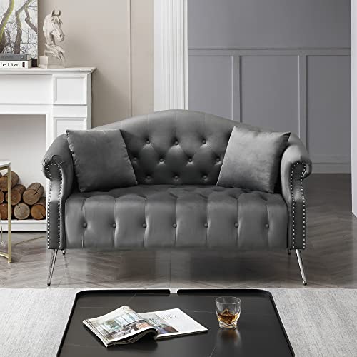 Velvet Chesterfield Sofa,Twin Size Upholstered Couch,Button Tufted Nailhead Trimming Curved Backrest Rolled Arms with Silver Metal Legs Living Room Set,2 Pillows Included (Grey, 59.4 * 29.1 * 35")