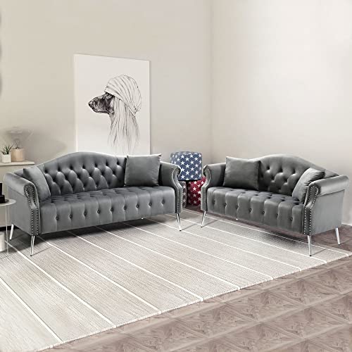 Velvet Chesterfield Sofa,Twin Size Upholstered Couch,Button Tufted Nailhead Trimming Curved Backrest Rolled Arms with Silver Metal Legs Living Room Set,2 Pillows Included (Grey, 59.4 * 29.1 * 35")