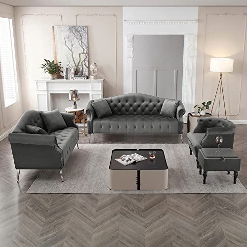 Velvet Chesterfield Sofa,Twin Size Upholstered Couch,Button Tufted Nailhead Trimming Curved Backrest Rolled Arms with Silver Metal Legs Living Room Set,2 Pillows Included (Grey, 59.4 * 29.1 * 35")