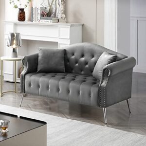 Velvet Chesterfield Sofa,Twin Size Upholstered Couch,Button Tufted Nailhead Trimming Curved Backrest Rolled Arms with Silver Metal Legs Living Room Set,2 Pillows Included (Grey, 59.4 * 29.1 * 35")