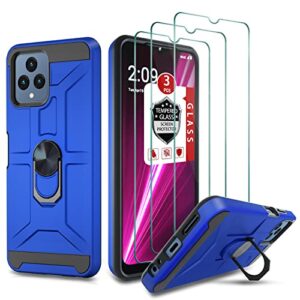 gamemiuz t-mobile revvl 6 5g case, tcl revvl 6 case with [3x tempered glass screen protector], built-in ring kickstand and magnetic car mount shockproof dropproof armor case for revvl 6 - blue