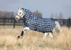 horseware ireland rhino plus pony turnout blanket (200g medium, 100g hood), size: 66, color: navy check (teal trim)