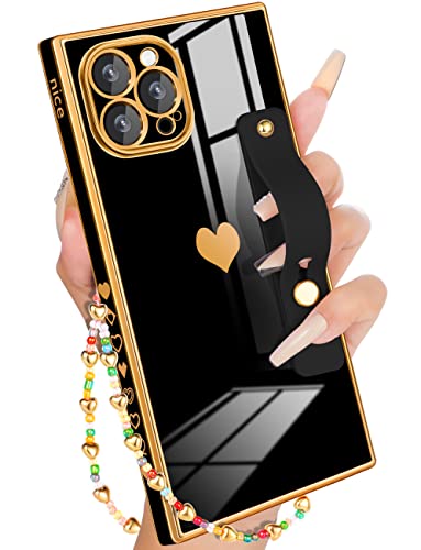 Petitian for iPhone 12 Pro Max Square Case with Loopy Stand/Strap, Luxury Cute Women Girls Heart Electroplated Designer Squared Edge Phone Cases for 12 Pro Max, Black