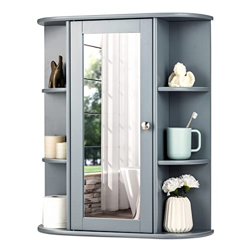 LOKO Bathroom Medicine Cabinet with Mirror, Bathroom Mirror Cabinet with 6-Position Adjustable Shelf, Bathroom Wall Cabinet with Single Mirror Door, 23.5 x 6.5 x 28 inches (Grey)