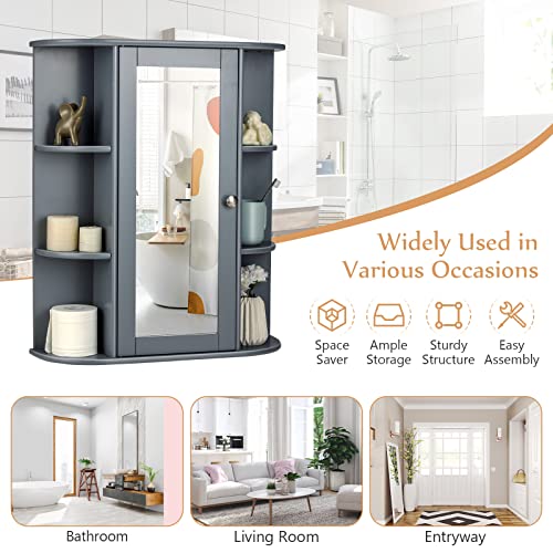 LOKO Bathroom Medicine Cabinet with Mirror, Bathroom Mirror Cabinet with 6-Position Adjustable Shelf, Bathroom Wall Cabinet with Single Mirror Door, 23.5 x 6.5 x 28 inches (Grey)