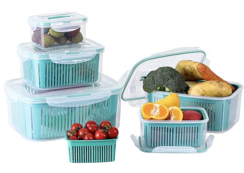 Plastic Food Storage Containers, Fresh Vegetable Fruit Storage Containers for Refrigerator, Kitchen Produce Saver Container with a Draining Basket, BPA Free (5 Pack)