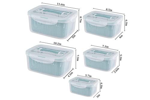 Plastic Food Storage Containers, Fresh Vegetable Fruit Storage Containers for Refrigerator, Kitchen Produce Saver Container with a Draining Basket, BPA Free (5 Pack)