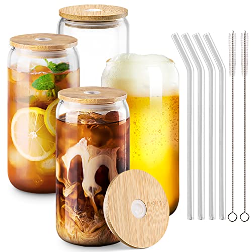 Combler Glass Cups with Lids and Straws, 16 oz Drinking Glasses Set of 4, Iced coffee Cup Coffee Bar Accessories Essentials, Glass Coffee Cups with Bamboo Lids and Glass Straws, House Warming Gifts