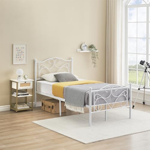 coucheta Twin Size Bed Frames for Kids- Metal Platform Bed with Headboard and Footboard No Box Spring Needed Easy Assembly, White