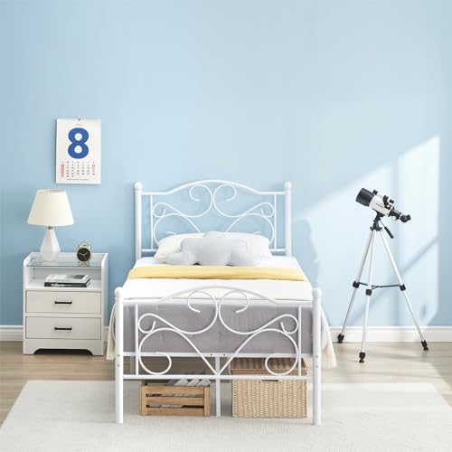 coucheta Twin Size Bed Frames for Kids- Metal Platform Bed with Headboard and Footboard No Box Spring Needed Easy Assembly, White