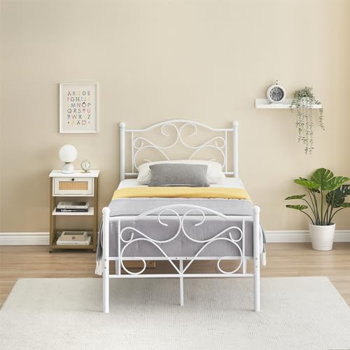 coucheta Twin Size Bed Frames for Kids- Metal Platform Bed with Headboard and Footboard No Box Spring Needed Easy Assembly, White