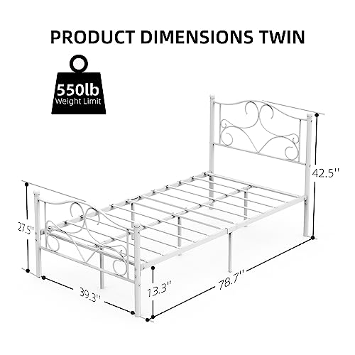 coucheta Twin Size Bed Frames for Kids- Metal Platform Bed with Headboard and Footboard No Box Spring Needed Easy Assembly, White