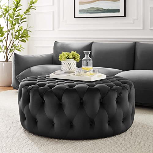 Modway Amour Modern Button Tufted Round Velvet Ottoman in Black