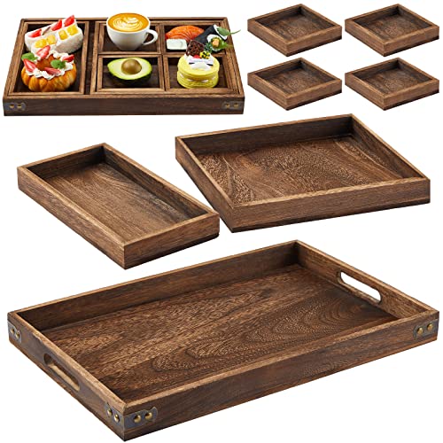 2 Set of 14 Pcs Wooden Serving Trays with Handle Rectangular Nesting Multipurpose Trays Decorative Rustic Ottoman Tray Coffee Table Tray Sofa Couch Tray Wood Serving Platters for Breakfast in Bed