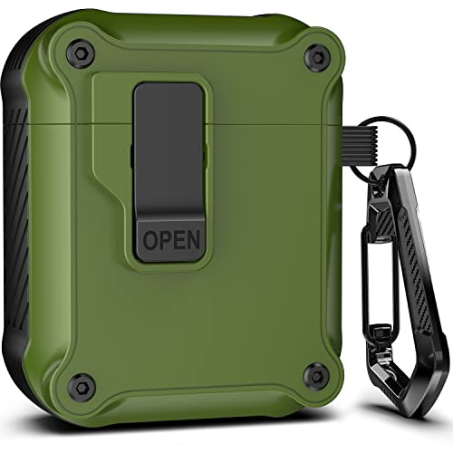 RFUNGUANGO Airpods 2nd & 1st Generation Case Cover Automatic Pop-up with Secure Lock Clip, Full-Body Shockproof Hard Protective Cover with Keychain - Olive Green