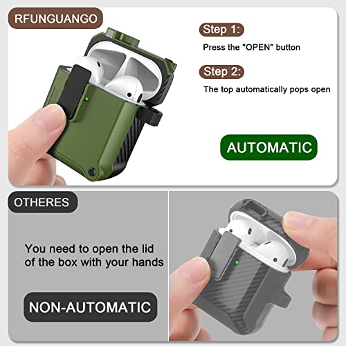 RFUNGUANGO Airpods 2nd & 1st Generation Case Cover Automatic Pop-up with Secure Lock Clip, Full-Body Shockproof Hard Protective Cover with Keychain - Olive Green