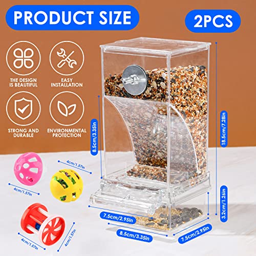 2PCS Bird Feeder for Cage with 3 Bird Toys, Automatic Bird Feeder, Transparent Parakeet Food Seed Reducing-Waste Container Parrot Foraging Feeder for Small Birds(4Inch x 7.5Inch x 3.5Inch)