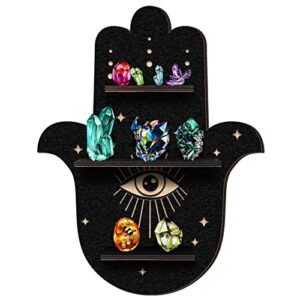 yulejo crystal shelf display rustic wooden cat moon shelves moth hamsa hand wolf crystal holder shelves wooden floating shelf for rock gemstones meditation spiritual gift for home bedroom (hamsa hand)