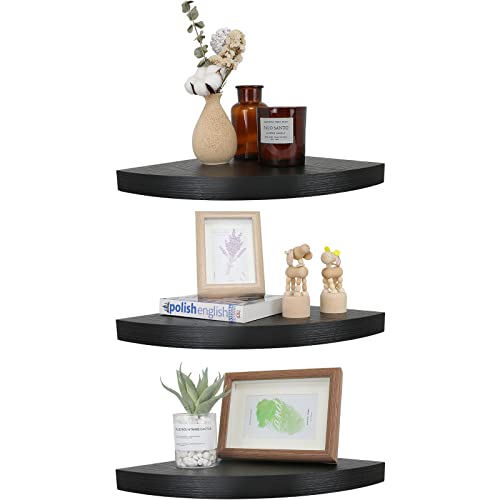 SCUNDA Black Corner Shelves, Concealed Bracket Black Floating Corner Shelf, Wooden Corner Floating Shelves for Bedroom, Living Room, Kitchen, Bathroom(3-Pack)