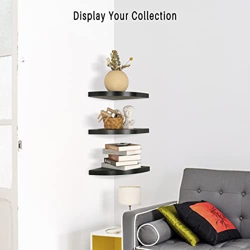 SCUNDA Black Corner Shelves, Concealed Bracket Black Floating Corner Shelf, Wooden Corner Floating Shelves for Bedroom, Living Room, Kitchen, Bathroom(3-Pack)