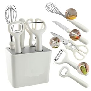 comuster kitchen gadgets set,kitchen scissors, kitchen utensils set with holder, paring knife,whisk,bottle opener,peeler- home kitchen gadgets(white 6 pieces set)