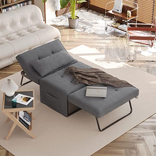 Iroomy Sofa Bed Sleeper Chair with Pillow, Convertible 4 in 1 Multi-Function Adjustable Recline Linen Guest and Folding Multifunctional Ottoman Foldable Bed for Small Spaces (Dark Grey)