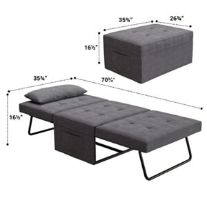 Iroomy Sofa Bed Sleeper Chair with Pillow, Convertible 4 in 1 Multi-Function Adjustable Recline Linen Guest and Folding Multifunctional Ottoman Foldable Bed for Small Spaces (Dark Grey)