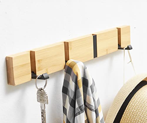 Uwchuan Coat Hooks Wall Mounted, Wooden Bamboo Wall Hooks with 4 Standard Retractable Hooks, Space-Saving Hat Key Hook Rack for Entryway, Hallway, Bathroom, Living Room, Bedroom (Wooden)