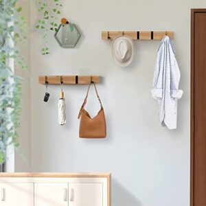 Uwchuan Coat Hooks Wall Mounted, Wooden Bamboo Wall Hooks with 4 Standard Retractable Hooks, Space-Saving Hat Key Hook Rack for Entryway, Hallway, Bathroom, Living Room, Bedroom (Wooden)