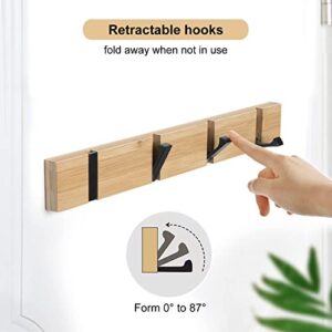 Uwchuan Coat Hooks Wall Mounted, Wooden Bamboo Wall Hooks with 4 Standard Retractable Hooks, Space-Saving Hat Key Hook Rack for Entryway, Hallway, Bathroom, Living Room, Bedroom (Wooden)