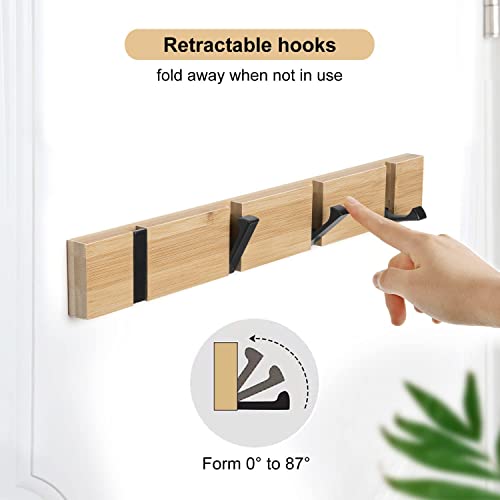 Uwchuan Coat Hooks Wall Mounted, Wooden Bamboo Wall Hooks with 4 Standard Retractable Hooks, Space-Saving Hat Key Hook Rack for Entryway, Hallway, Bathroom, Living Room, Bedroom (Wooden)