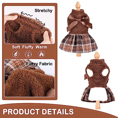 Fall Dog Clothes Dog Sweater Dress for Small Dogs Girl, Plaid Hem, Turtleneck, Fluffy Female Dog Clothes Winter Warm Pet Clothes Fuzzy Puppy Coat Apparel Outfit Yorkie Chihuahua Clothes, XS, Brown