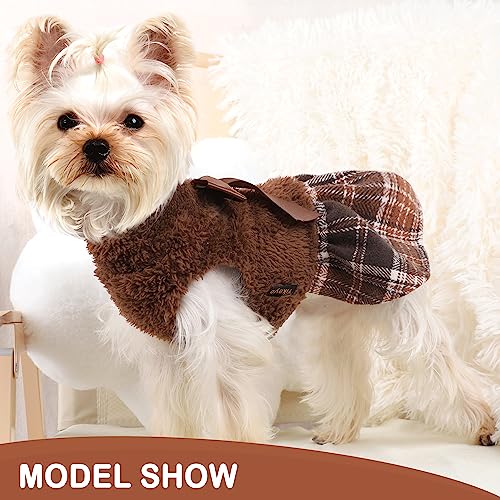 Fall Dog Clothes Dog Sweater Dress for Small Dogs Girl, Plaid Hem, Turtleneck, Fluffy Female Dog Clothes Winter Warm Pet Clothes Fuzzy Puppy Coat Apparel Outfit Yorkie Chihuahua Clothes, XS, Brown